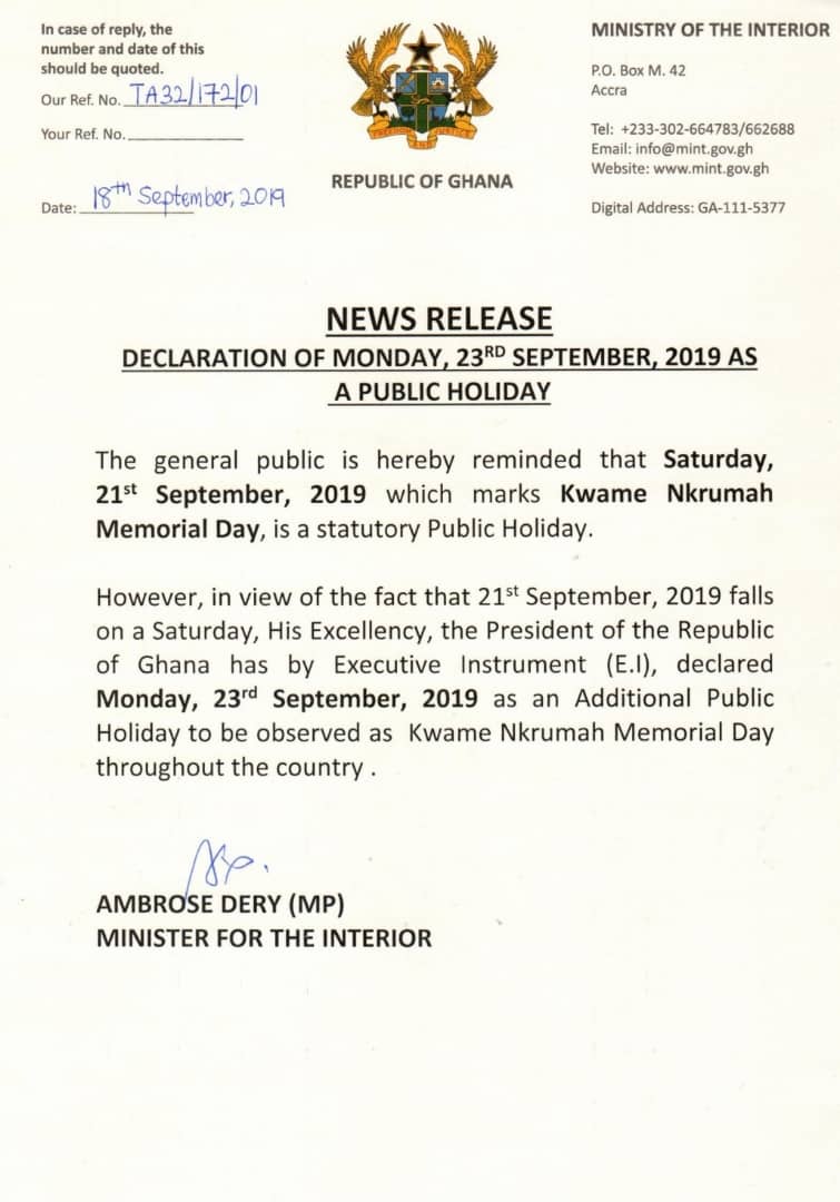 Govt declares Monday, September 23 public holiday - Adomonline.com