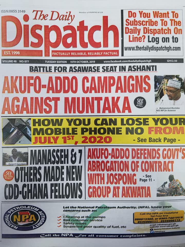 Newspaper Headlines: Tuesday, October 15, 2019 - Adomonline.com