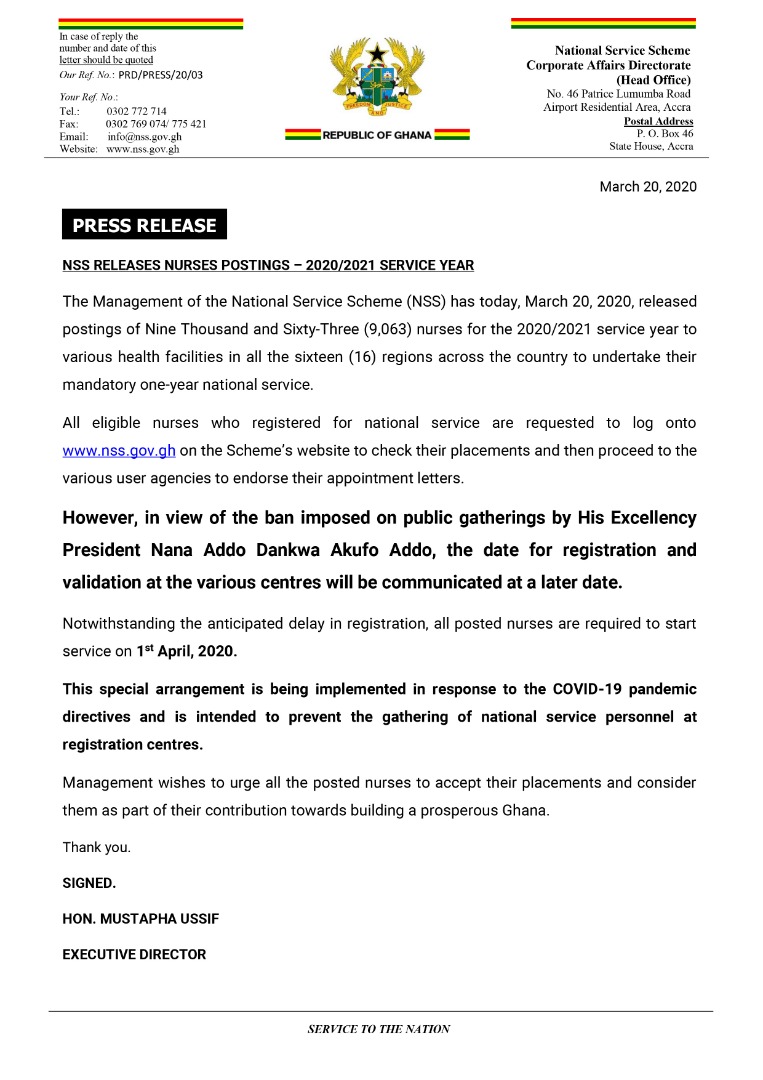 NSS releases 2020/2021 nurses’ postings - Adomonline.com