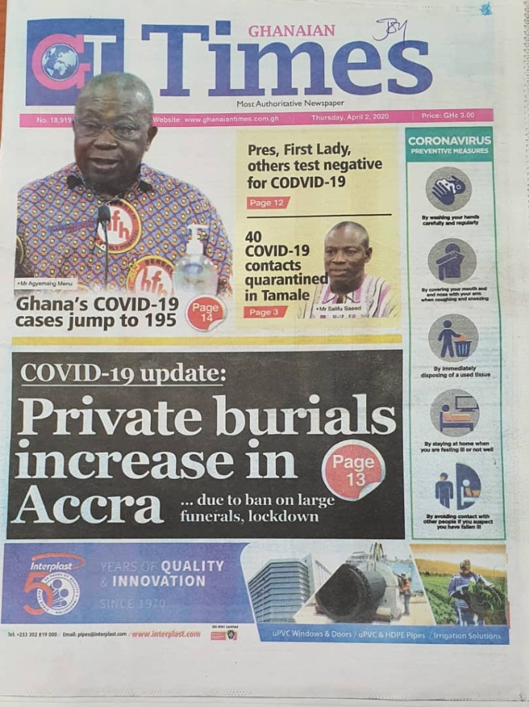 Newspaper Headlines: Thursday, April 2, 2020 - Adomonline.com
