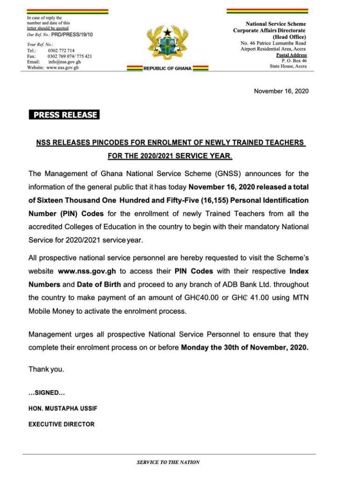 NSS releases codes for 2020/2021 teachers' postings - Adomonline.com