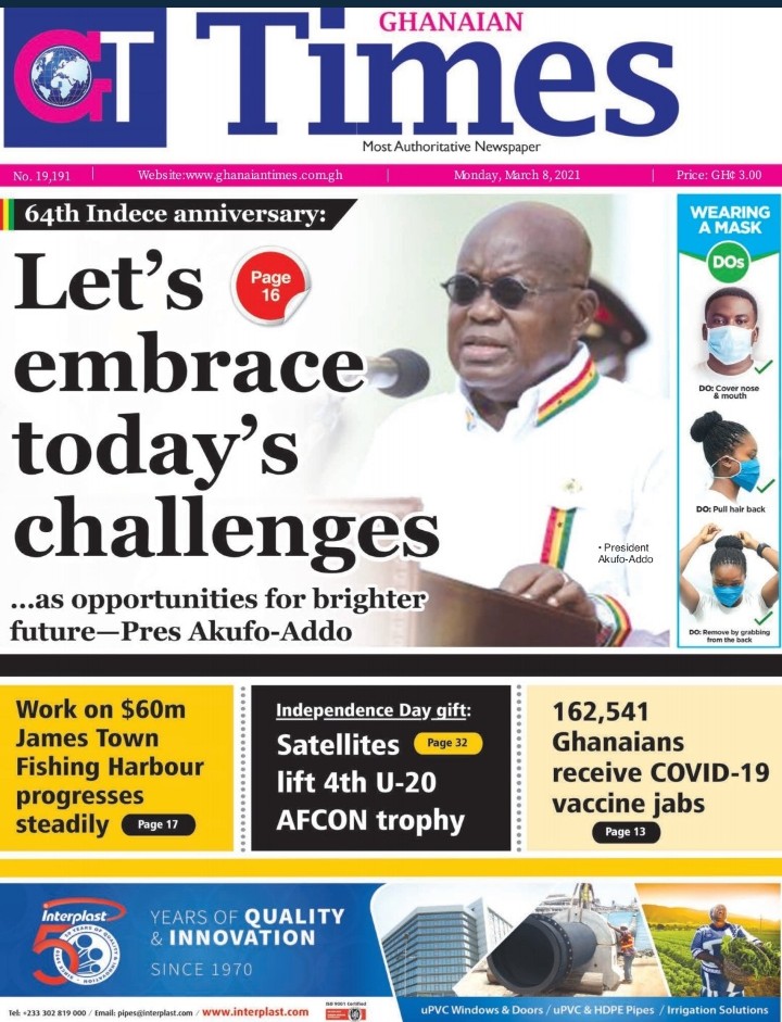 Newspaper Headlines: Monday, March 8, 2021 - Adomonline.com