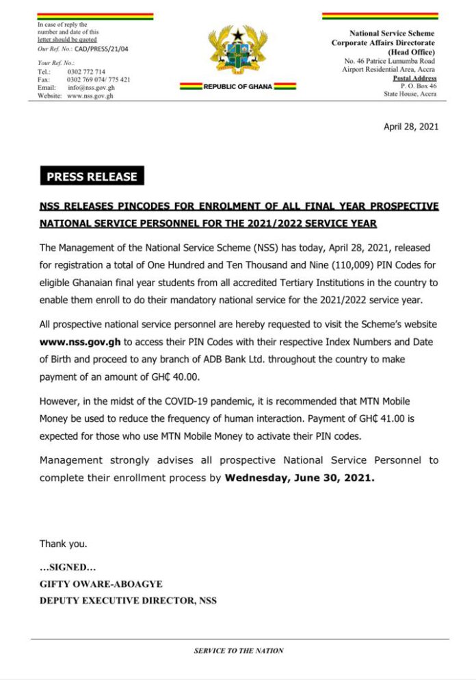 NSS releases codes for 2021/2022 service personnel - Adomonline.com