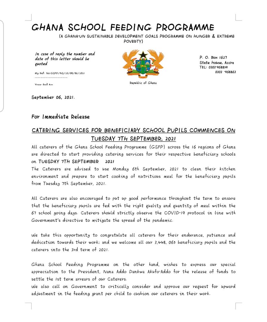 School Feeding Programme for pupils to commence tomorrow - Adomonline.com