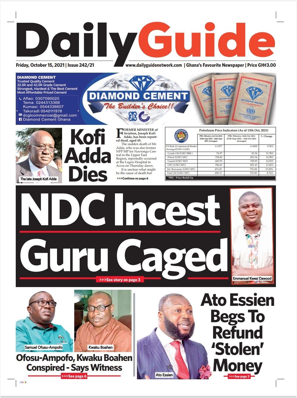 Newspaper Headlines: Friday, October 15, 2021 - Adomonline.com