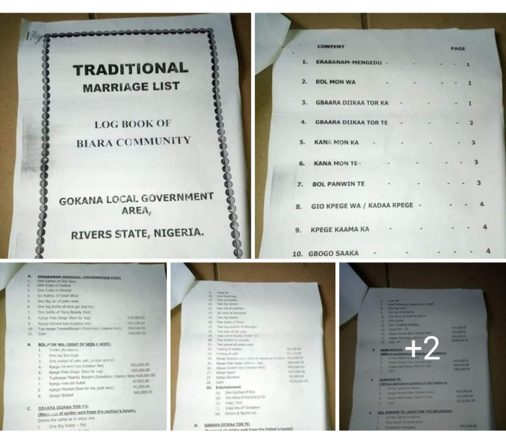 Man shares traditional wedding list with table of content - Adomonline.com
