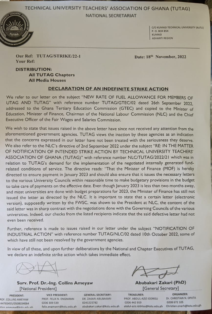 TUTAG declares indefinite strike - Adomonline.com