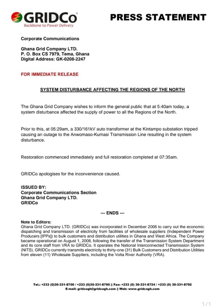 GRIDCo system disturbance affecting regions in the North - Adomonline.com