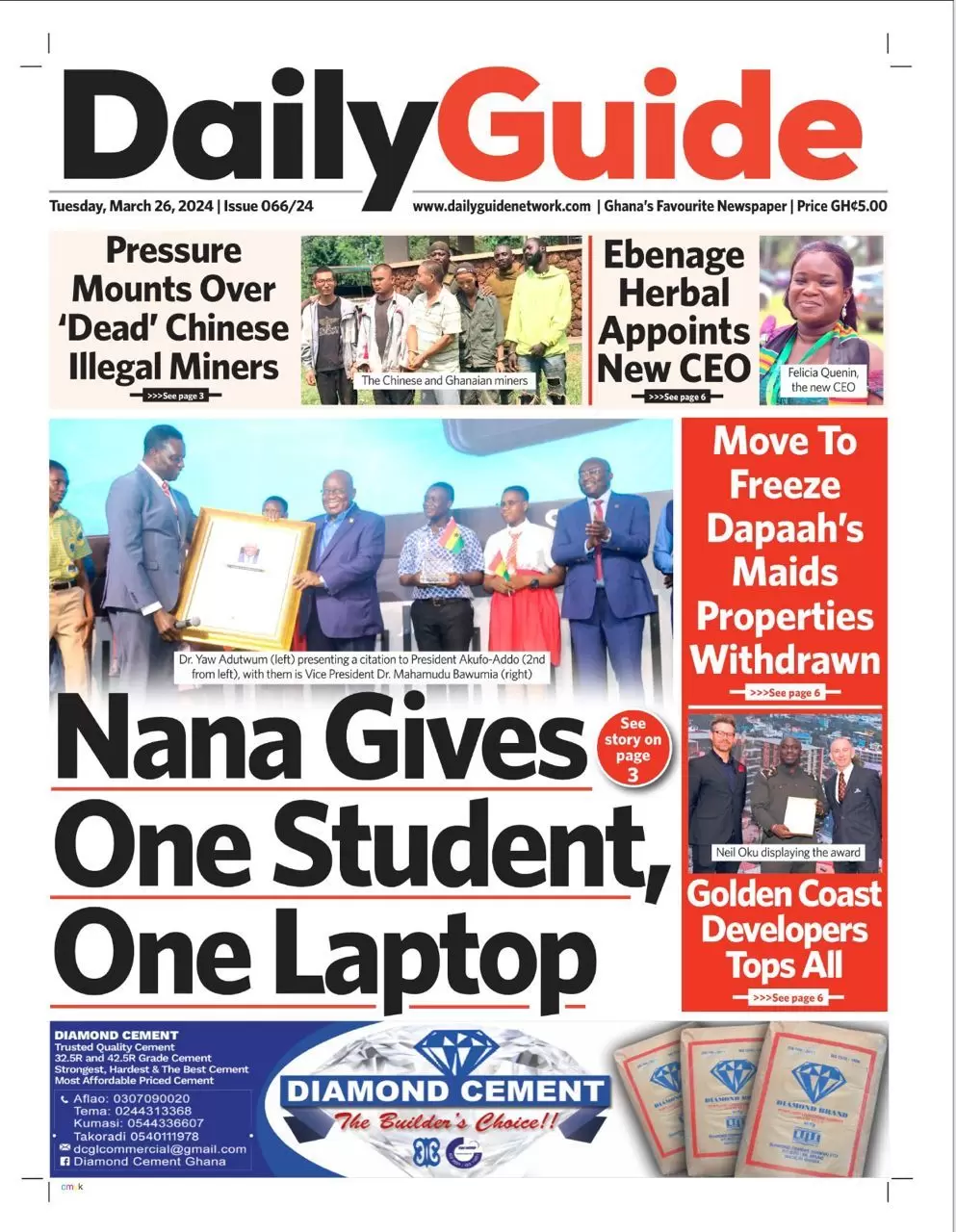 Newspaper headlines: Tuesday 26th March 2024 - Adomonline.com