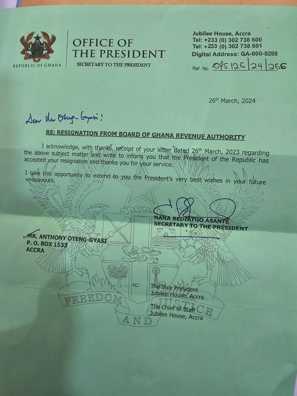 Akufo-Addo accepts Oteng-Gyasi’s resignation as GRA Board Chair ...