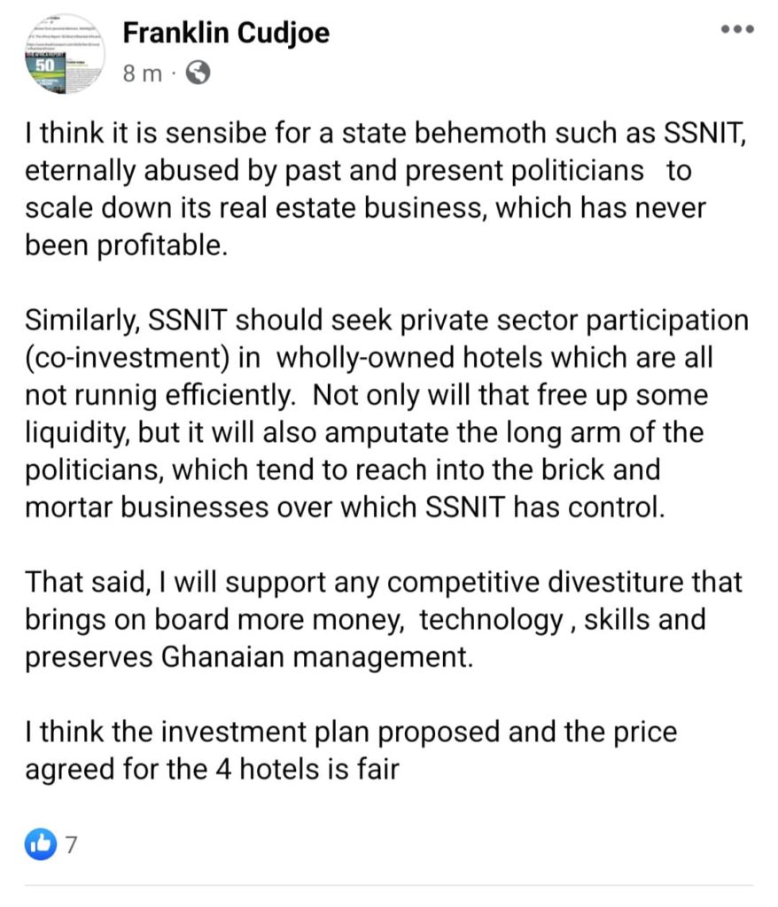 Decision by SSNIT to sell its hotels sensible and fair - Franklin ...