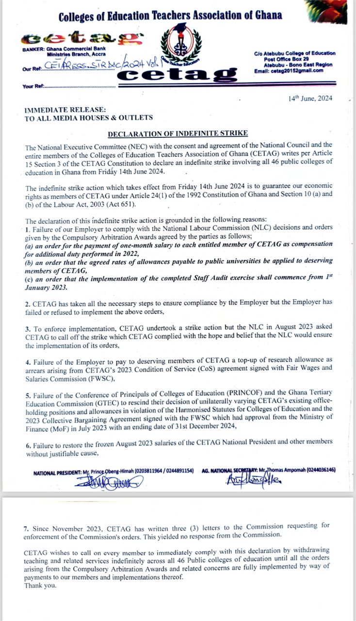 CETAG declares indefinite strike - Adomonline.com