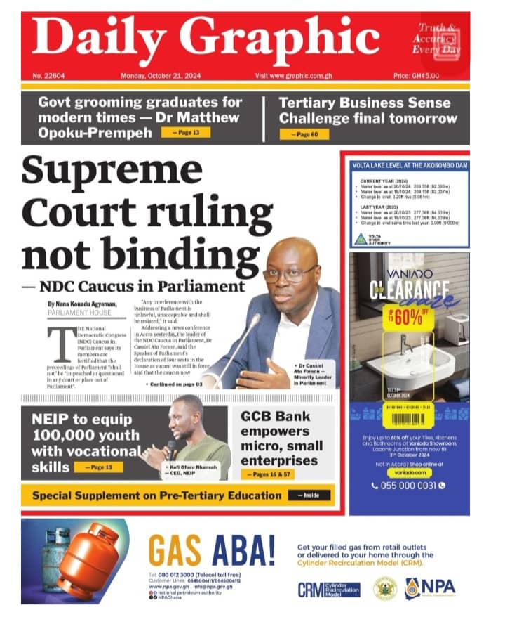 Newspaper headlines: Monday, October 21, 2024 - Adomonline.com