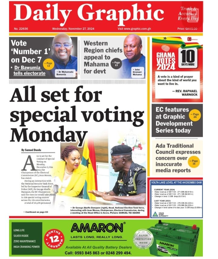 Newspaper headlines: Wednesday, November 27, 2024 - Adomonline.com