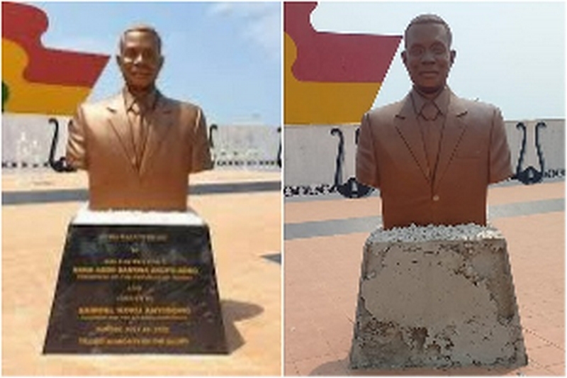 Koku Anyidoho reacts after plaque on Prof. Mills' statue bearing his ...