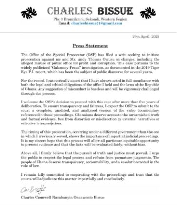 Charles Bissue responds to OSP's criminal charges - Adomonline.com