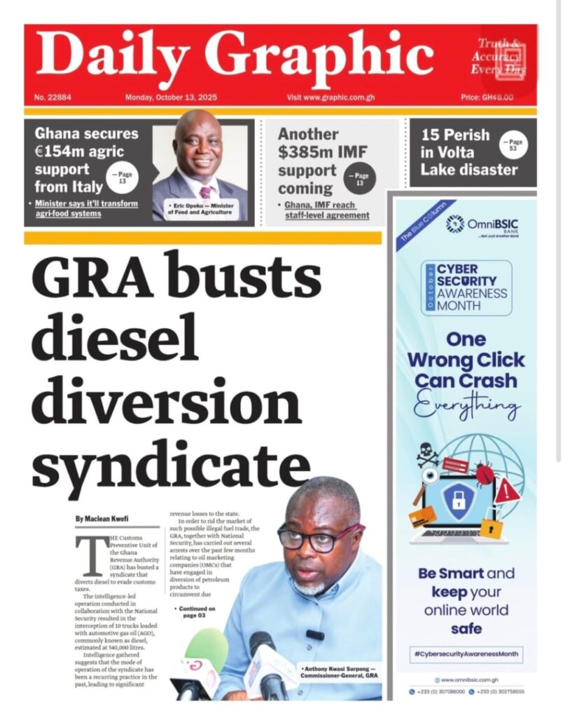 Newspaper headlines: Monday, October 13, 2025 - Adomonline.com