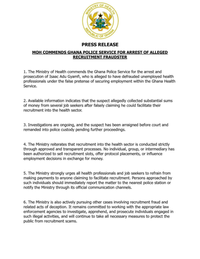 Health Ministry commends police for arrest of alleged recruitment ...